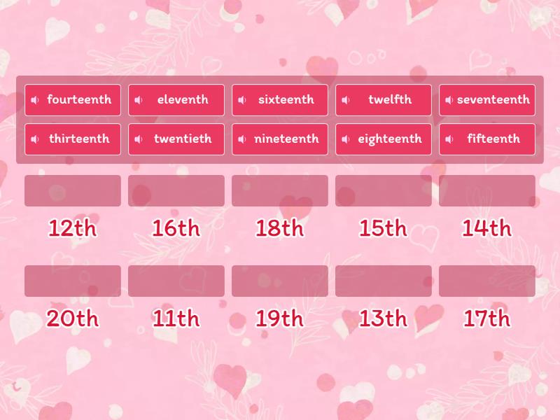 Ordinal numbers 11-20 match cards - Match up