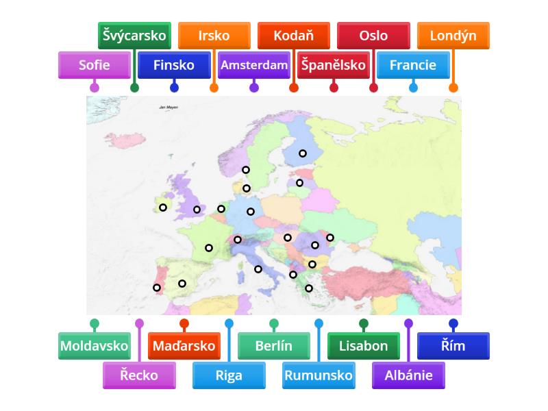 Slepá mapa Evropa (Státy a hlavní města) - Labelled diagram