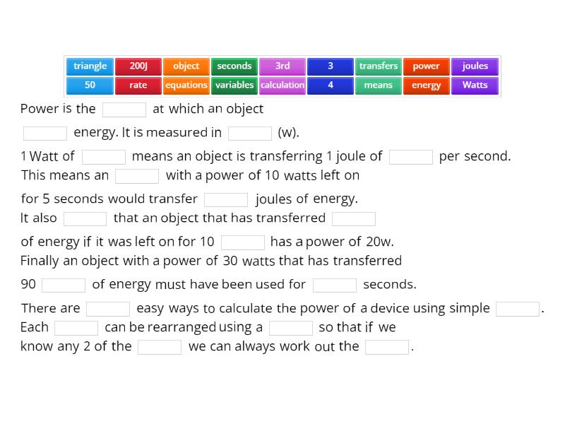 Power and Energy Cloze Exercise - Complete the sentence