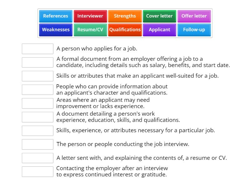 Job interview vocabulary B1 B2 - Match up