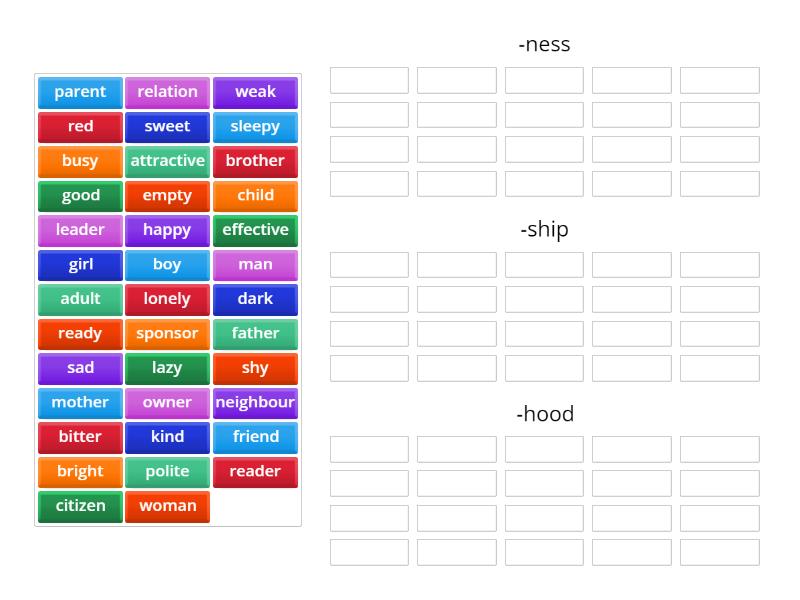Suffixes -ness, -ship, -hood - Group sort