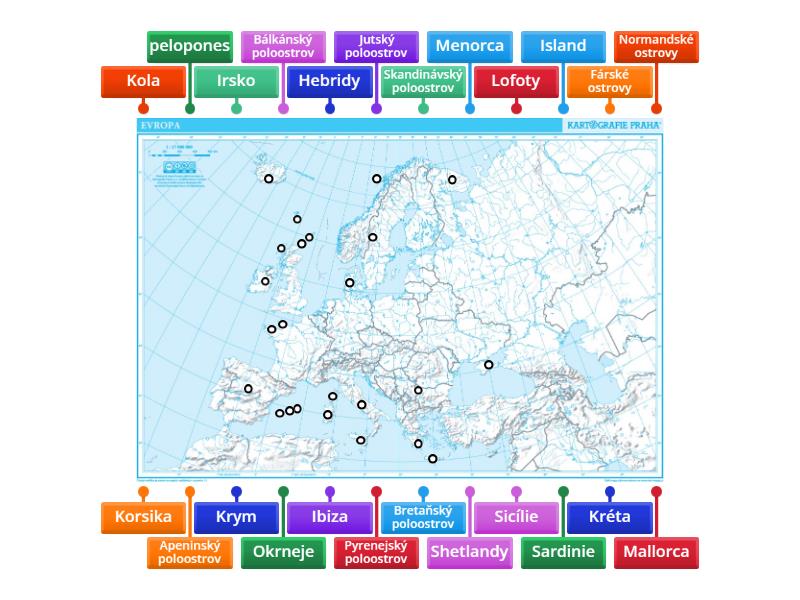 Slepá mapa, ostrovy a poloostrovy - Evropa - Labelled diagram