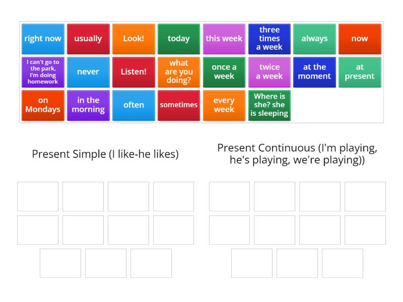 Present Simple or Continuous SIGNAL WORDS sorting - Group sort