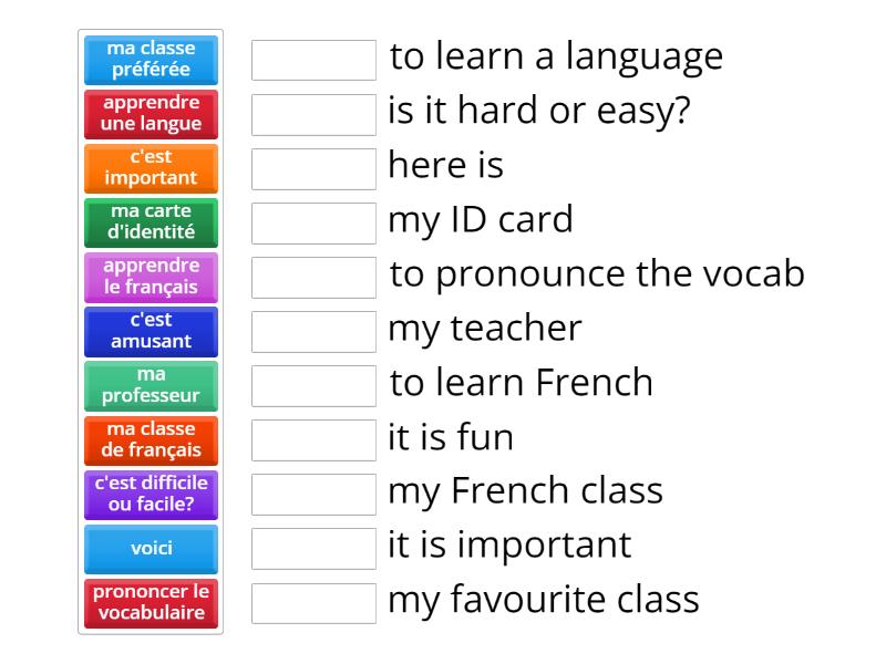 Find the English from the French - reading practice T1 (yr7) - Match up