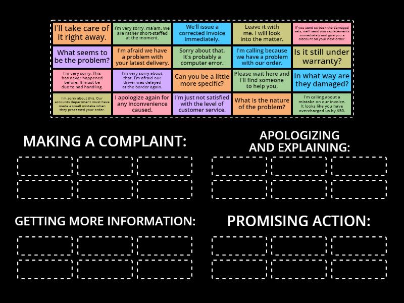 complaining and apologizing - useful expressions - Group sort