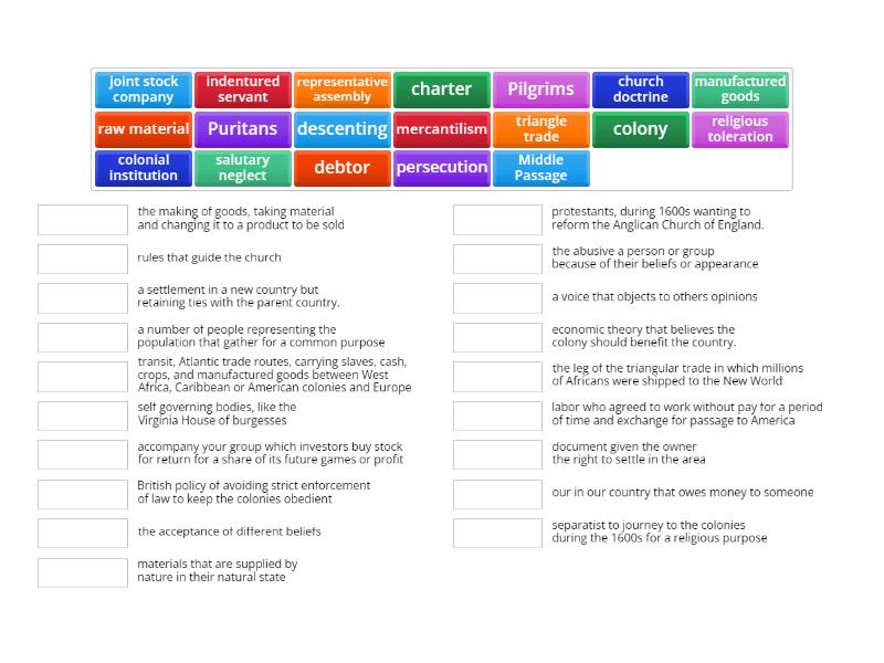 13 Colony Vocabulary - Match up