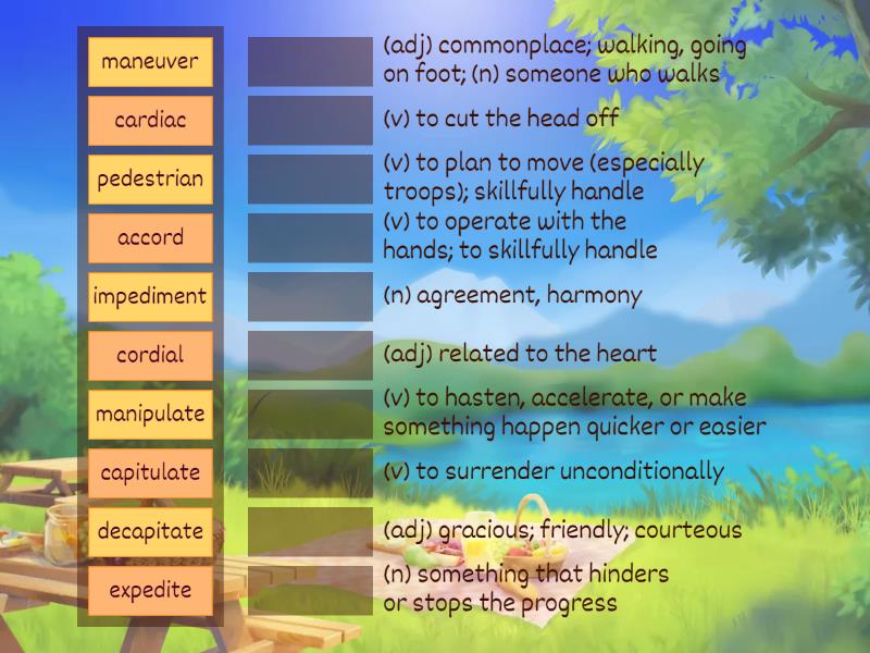 cap, capit, cor, cour, cord, card, man, ped, pod - Match up