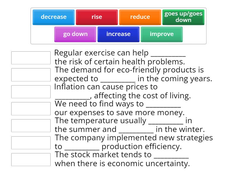 Practice of verbs go up/go down; increase/decrease; reduce/improve ...