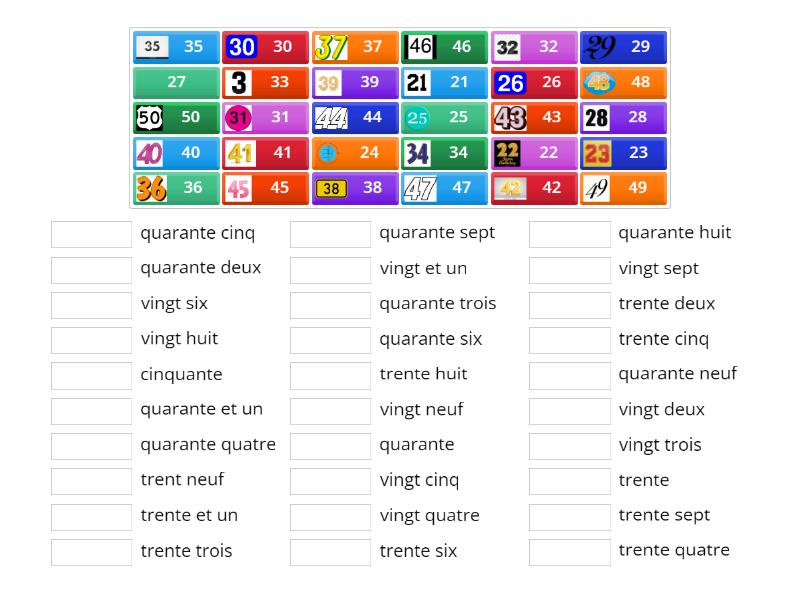 French numbers 21-50 - Une las parejas