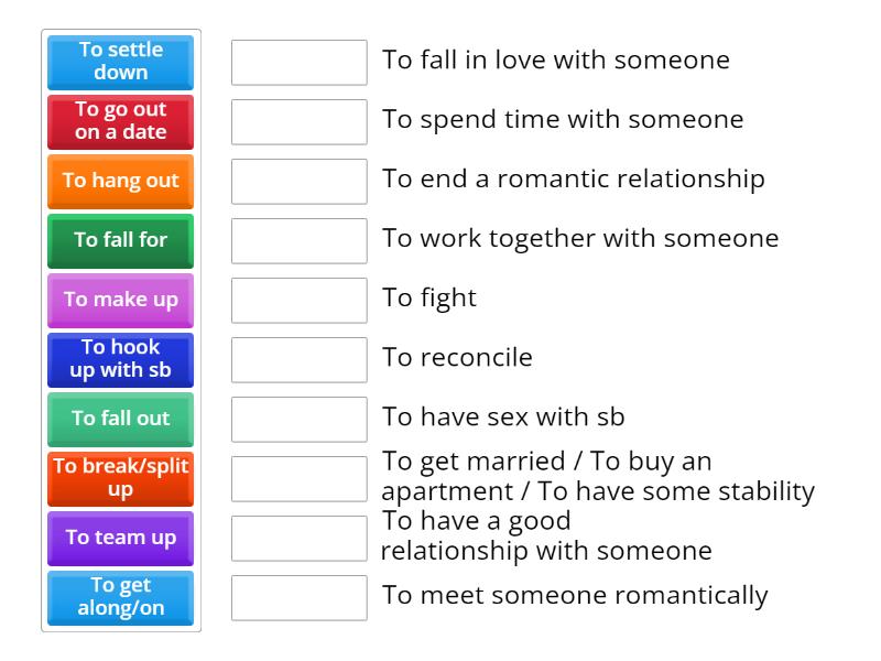 Match the relationship phrasal verbs to their meanings: - Match up