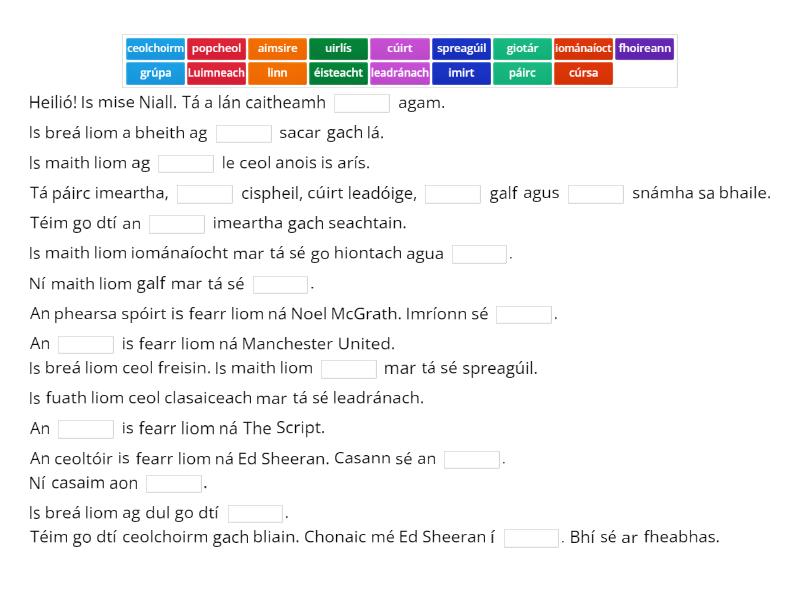 Caitheamh Aimsire - Sport agus Ceol - Missing word