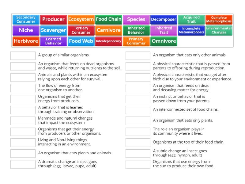 Unit 7: Organisms and their Environments - Match up