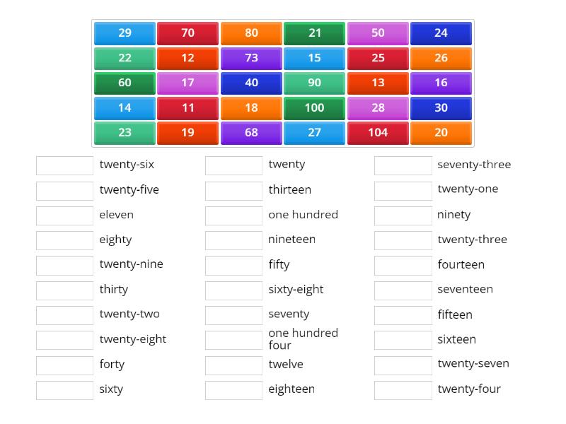 NUMBERS - 1 TO 100 - Match up