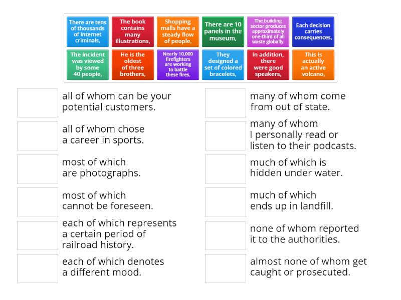 Quantifiers and prepositions in relative clause - Match up