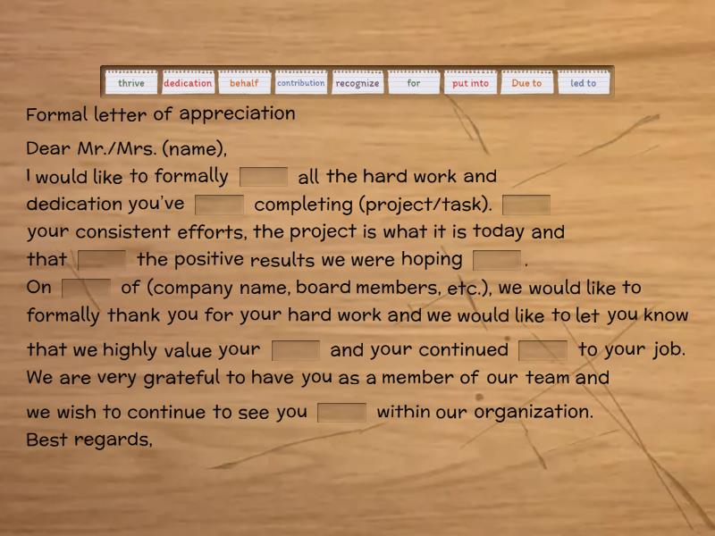 Formal letter of appreciation - Complete the sentence
