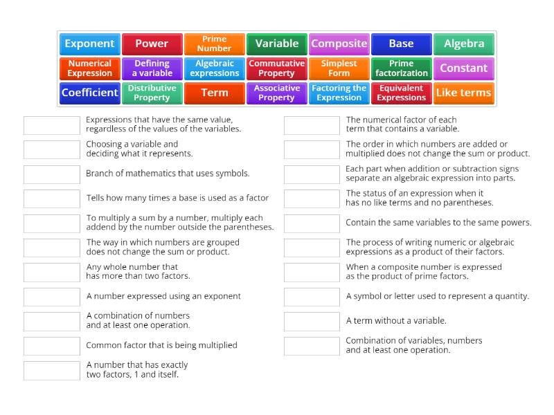 Mr. Arms Module 4 Numerical/Algebraic Expressions Vocabulary - Match up