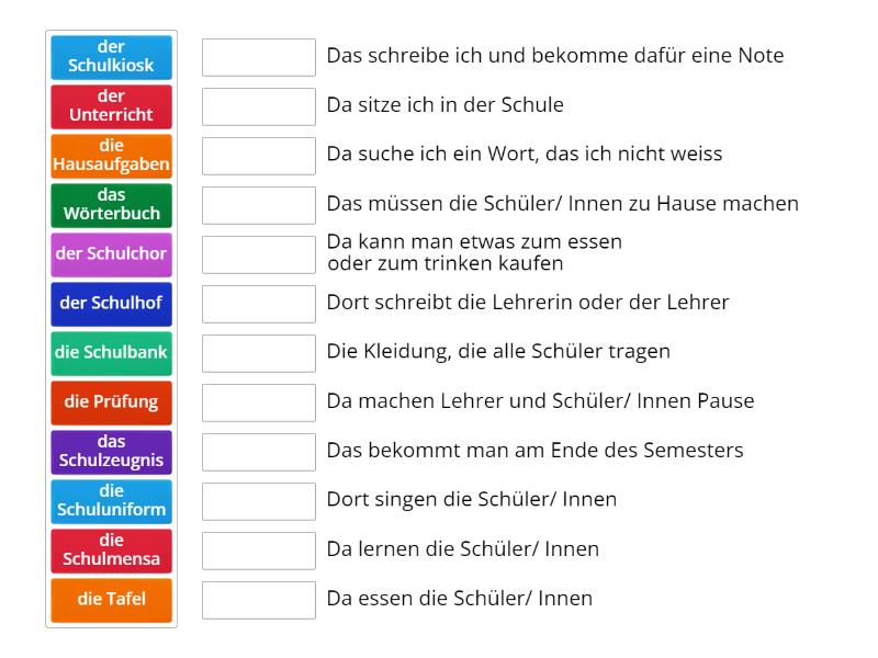 Schule - Wortschatz - Match up