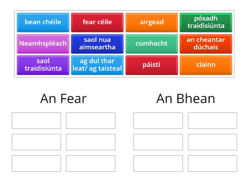 Colscaradh an fear/an bhean cluiche meaitséala - Group sort