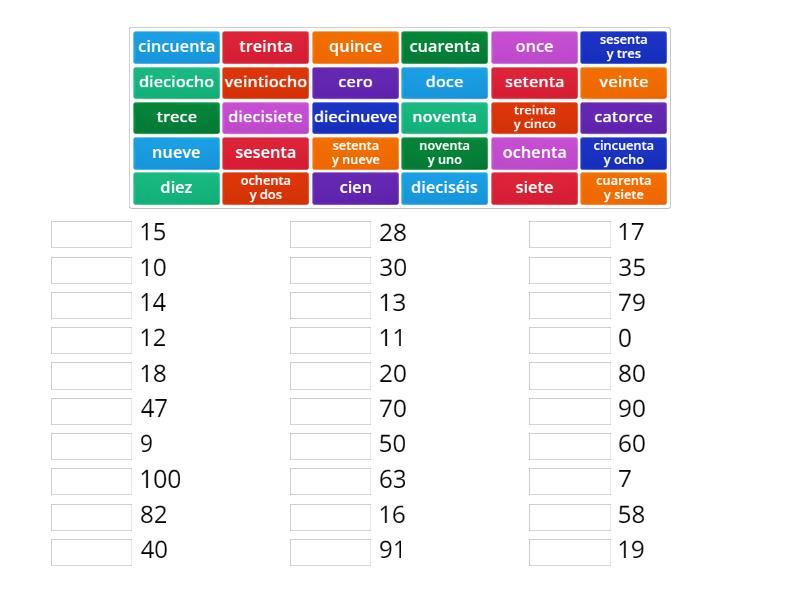 Los números 0 -100 - Match up