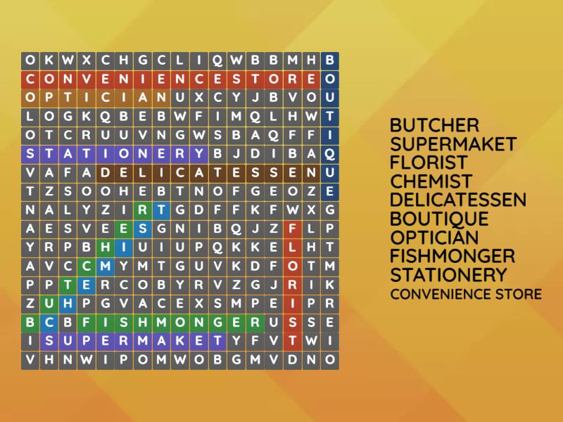 TYPES OF SHOPS - Wordsearch