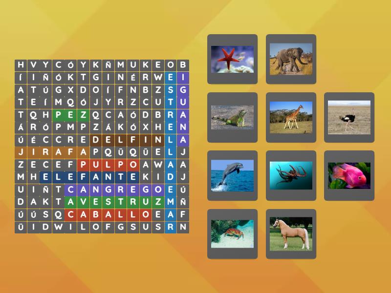 Animales Acuaticos y Terrestres - Sopa de letras