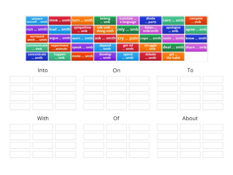 Verbs + prepositions (Form 11 Unit 7) - Group sort
