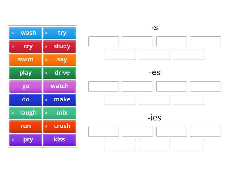 -s -es -ies endings in verbs in Present Simple - 按組排序