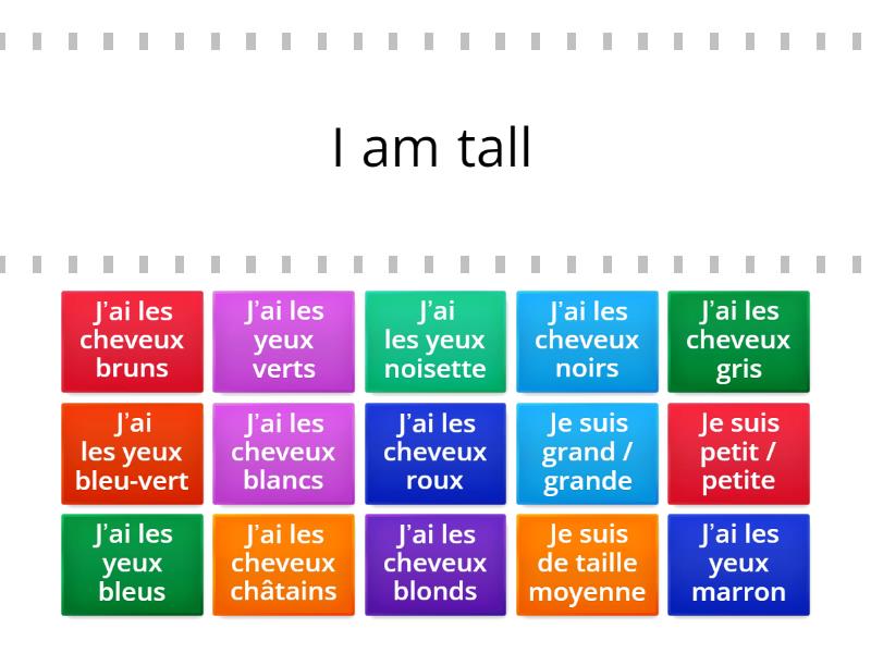 je suis + j'ai + size/eye/hair colour - Find the match
