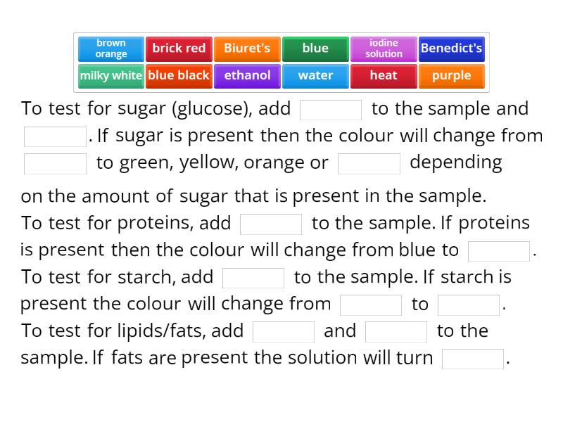 Biochemical food tests - Complete the sentence
