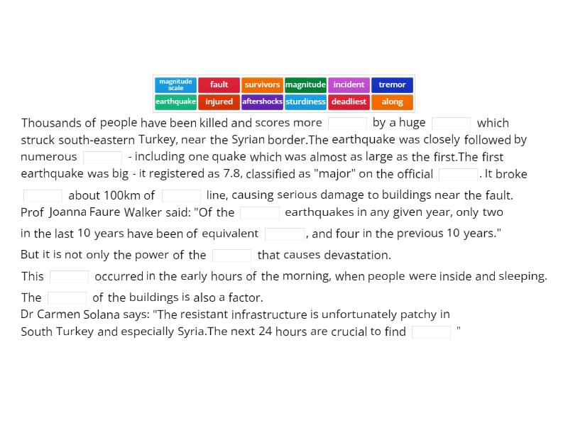 Earthquake vocabulary - Complete the sentence
