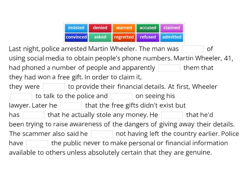 A scam (reporting verbs) - Complete the sentence