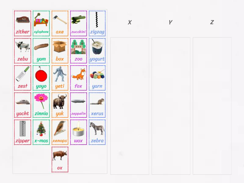 Interactive ABC's: Word Sort X-Z - Group sort