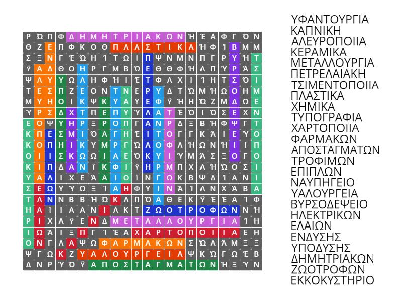 Kλάδοι δραστηριότητας βιομηχανιών της Θεσσαλονίκης του χθές - Wordsearch