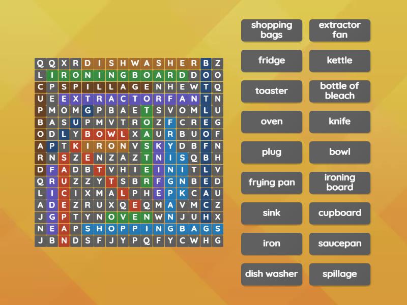 Dangers in the kitchen, word search. - Sopa de letras