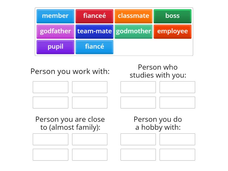 Vocabulary: Relationships 1 (Level intermediate 1.2) - Ordenar por grupo