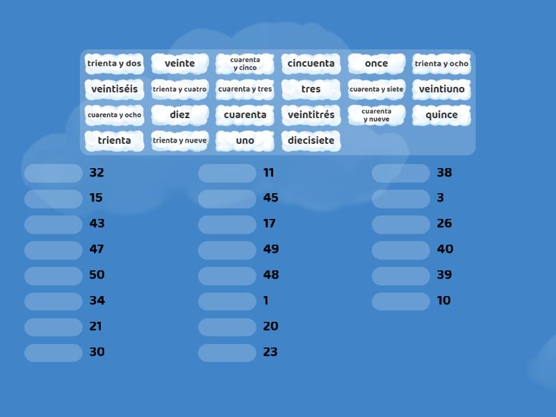 Spanish numbers 1 - 50 - Match up