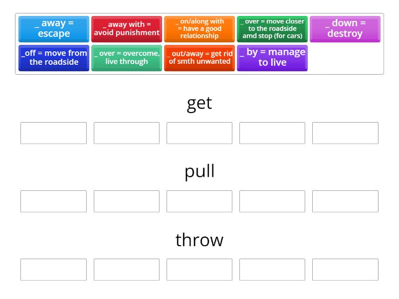 phrasal verbs get, pull, through (Unit 2) - Group sort