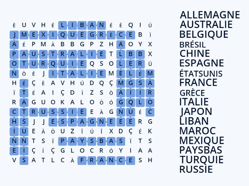 Les pays - Wordsearch