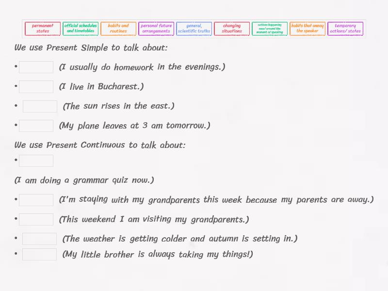 Present Simple vs Present Continuous 7 USES and EXAMPLES matching ...