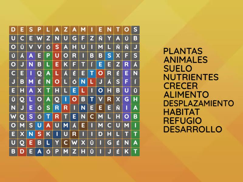 RELACIÓN PLANTAS Y ANIMALES CON EL SUELO - Sopa de letras