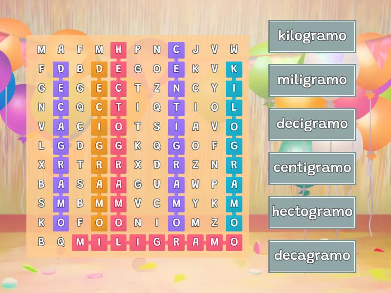 Múltiplos y submúltiplos del kilogramo - Wordsearch