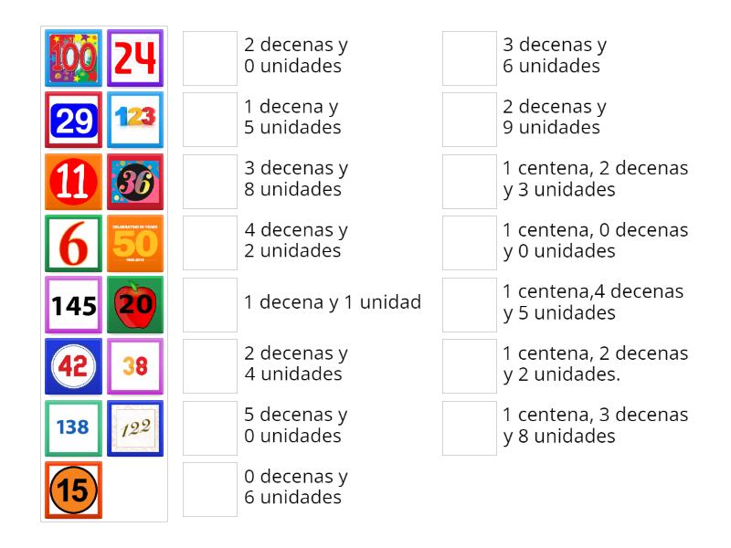 Unidades, decenas y centenas - Une las parejas