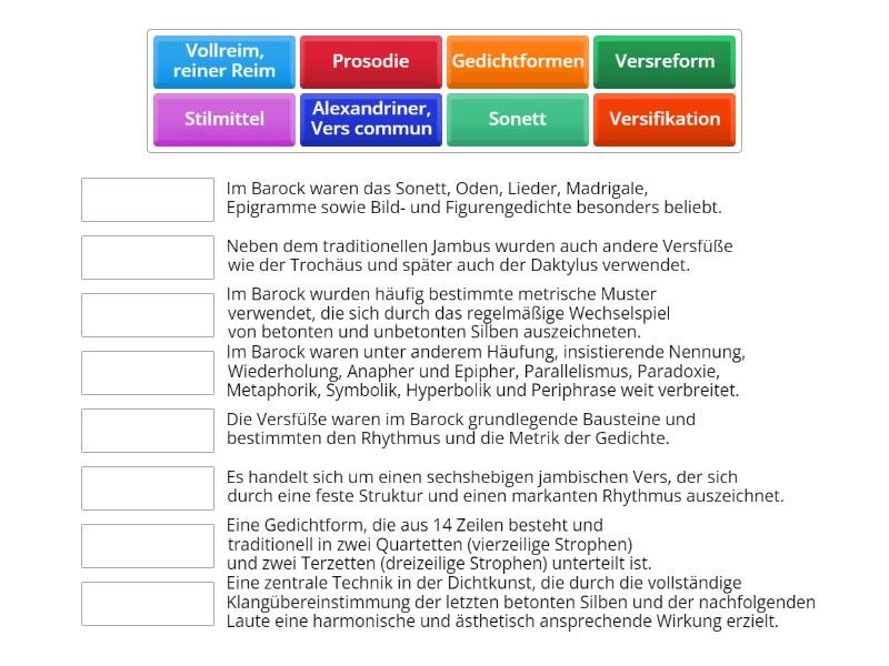 Metrik, Versform, Reime, Gedichtformen und Stilmittel - Match up