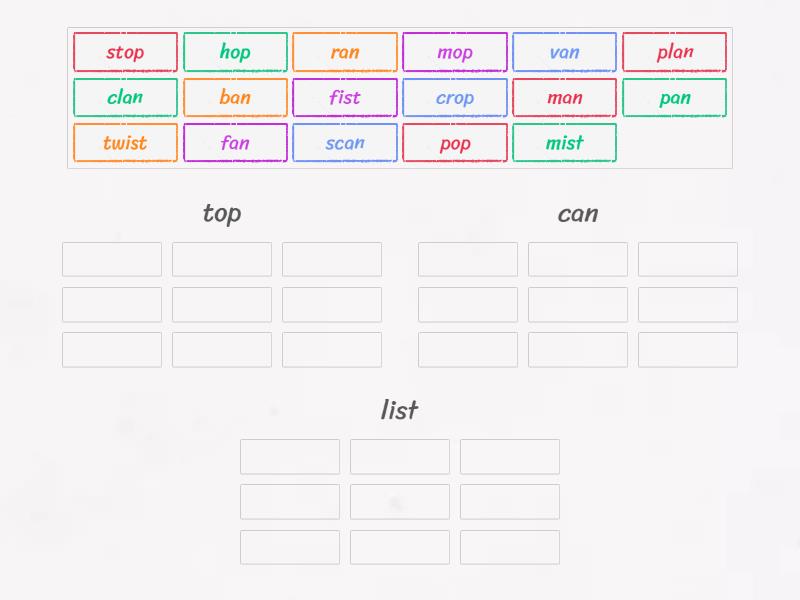Word Families Sort -op, -an, -ist - Group sort