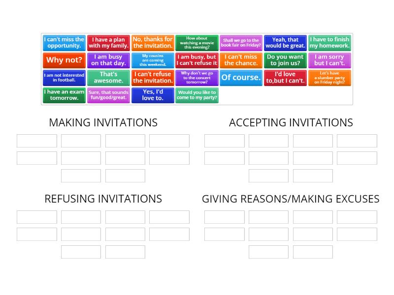 making invitations/accepting/refusing/making excuses - Group sort