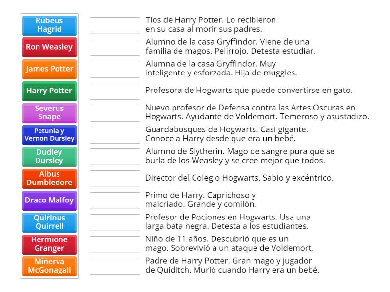 Actividad formativa "Harry Potter y la piedra filosofal" - Match up