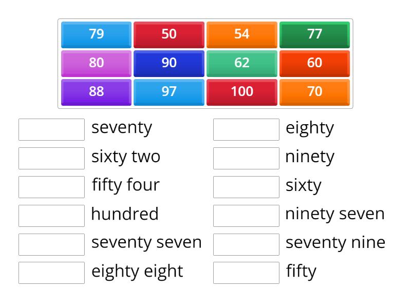 number names and numerals 50 to 100 - Match up