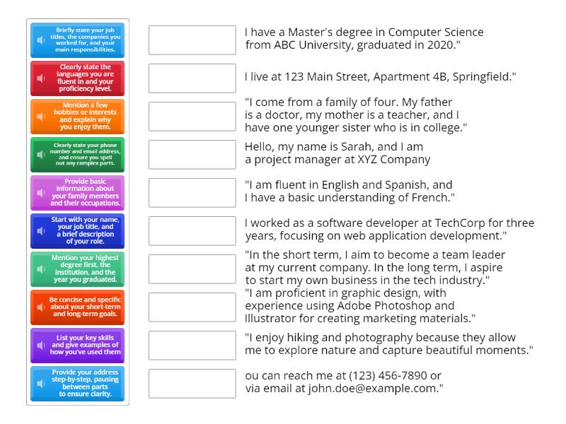 Match the statement with the example. - Match up