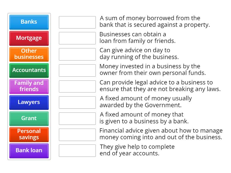 S1 Sources of Advice / Finance - Match up