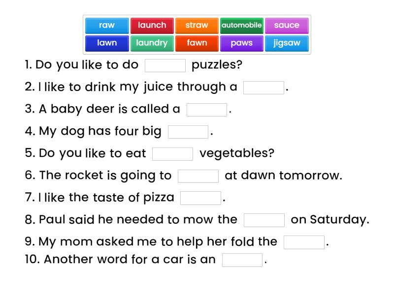 au aw Sentence Cloze Activity - Complete the sentence